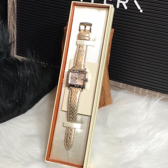 Coach | Accessories | Coach Gold Python Leather Square Face Wrist Watch ...
